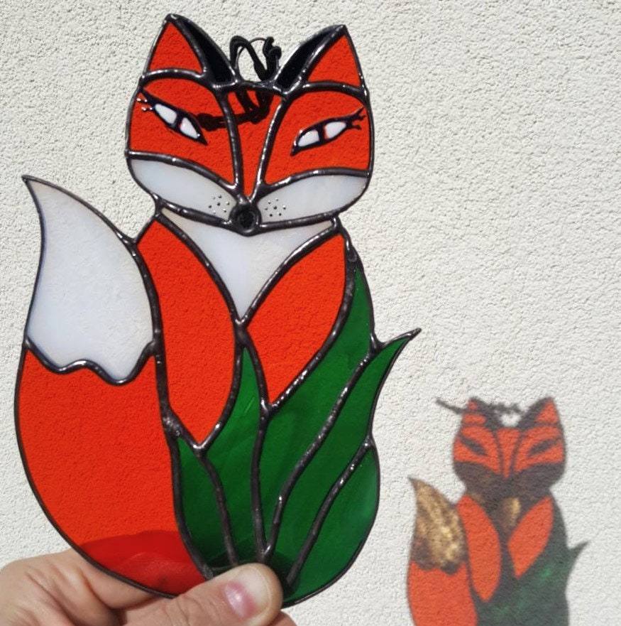Red Fox Stained Glass Suncatcher Window Panel Hanging Lovely - Etsy