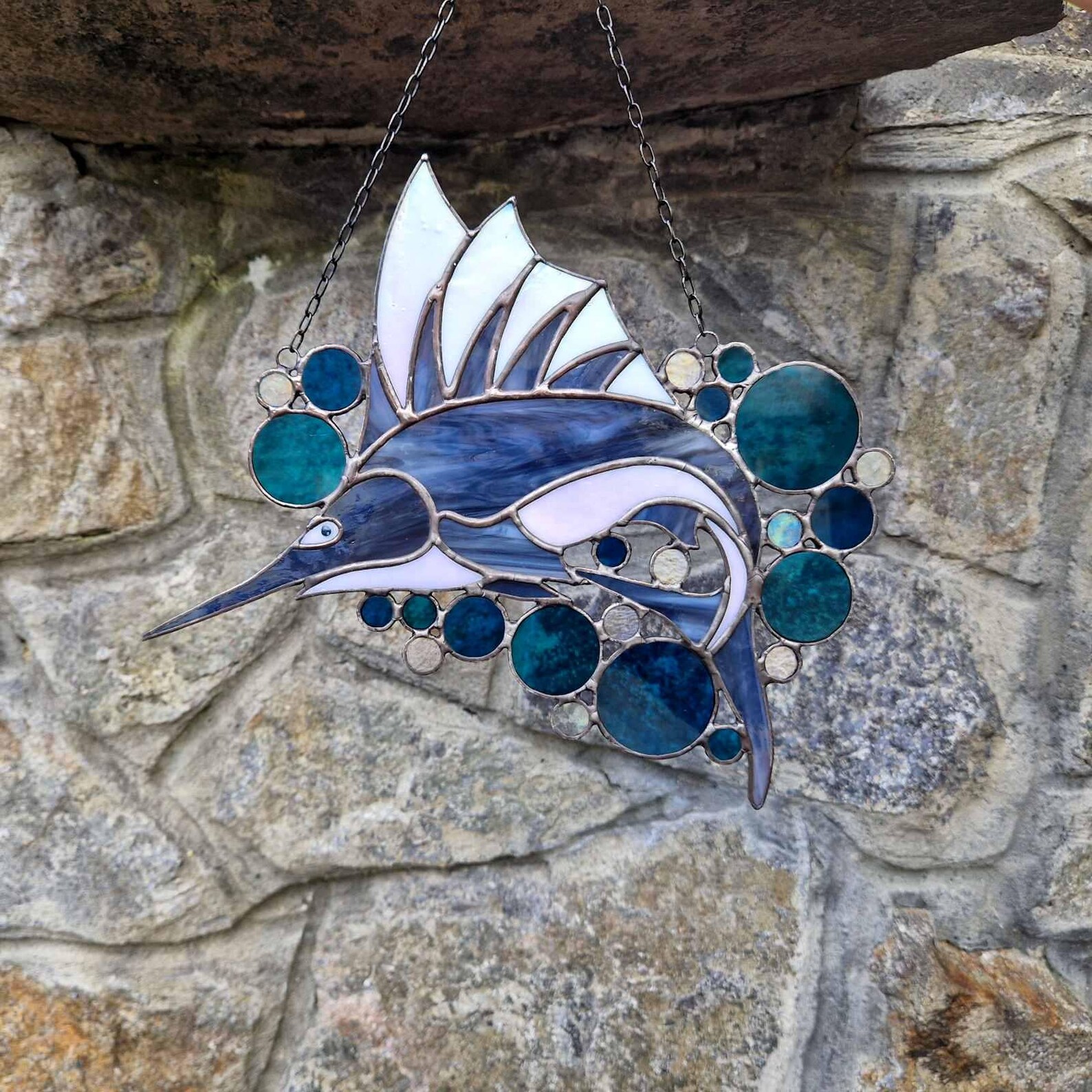 Stained Glass Marlin Sailfish Sword Fish Window Wall Hanging Panel ...