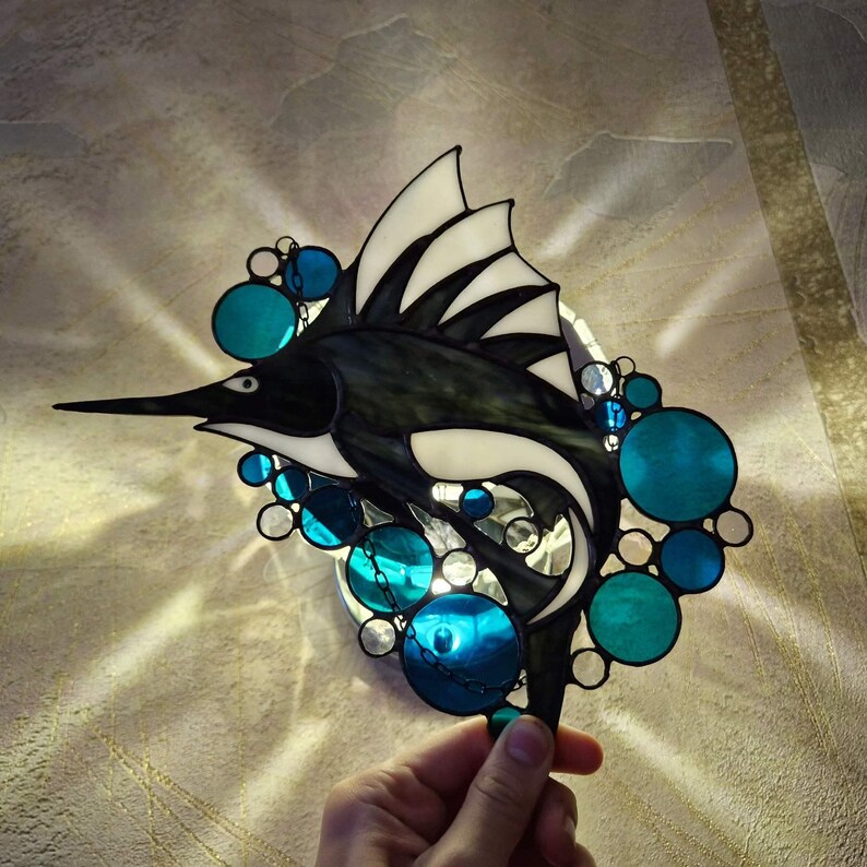 Stained Glass Marlin Sailfish Sword Fish Window Wall Hanging Panel ...