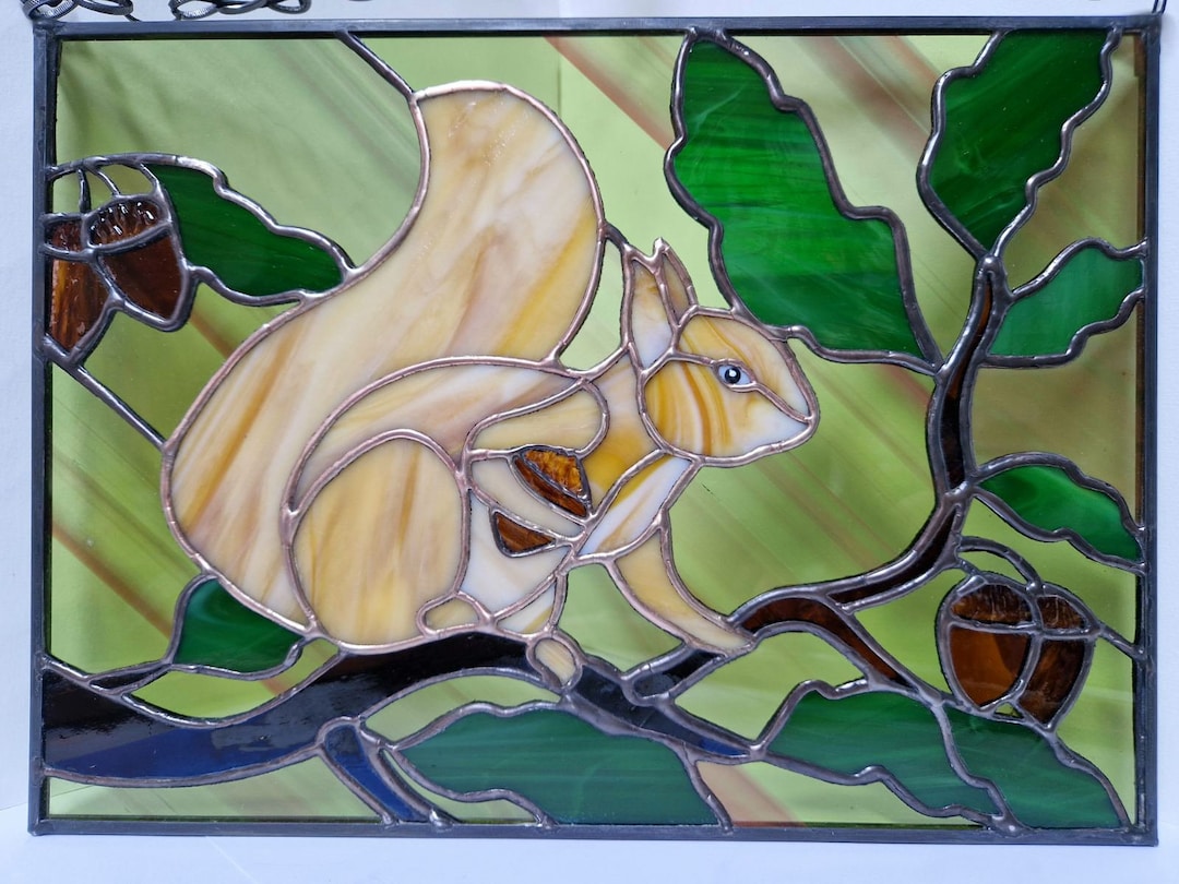 Stained Glass Squirrel Suncatcher Window Wall Panel Hanging Home Decor ...
