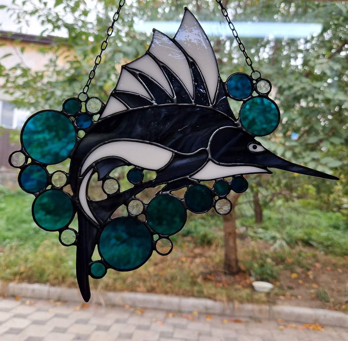 Stained Glass Marlin Sailfish Sword Fish Window Wall Hanging Panel ...