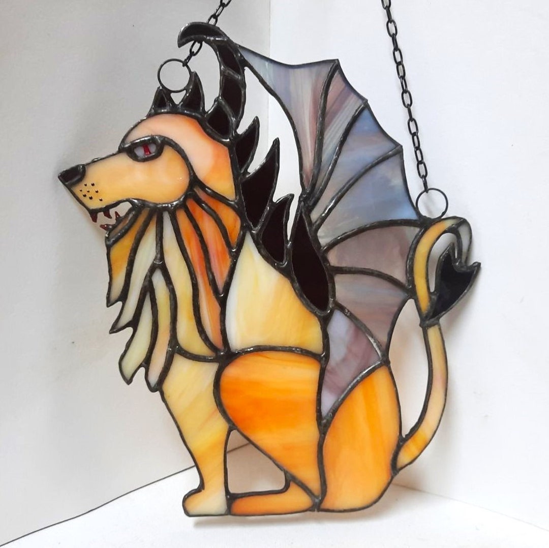 Lion Stained Glass Winged Gargoyle Suncatcher Window Panel - Medieval ...