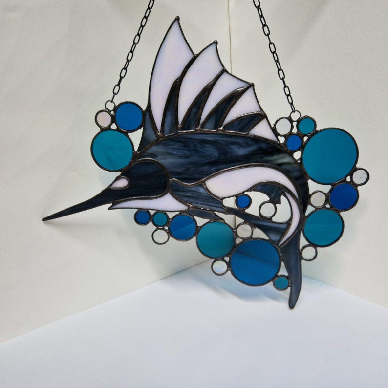 Stained Glass Marlin Sailfish Sword Fish Window Wall Hanging Panel ...