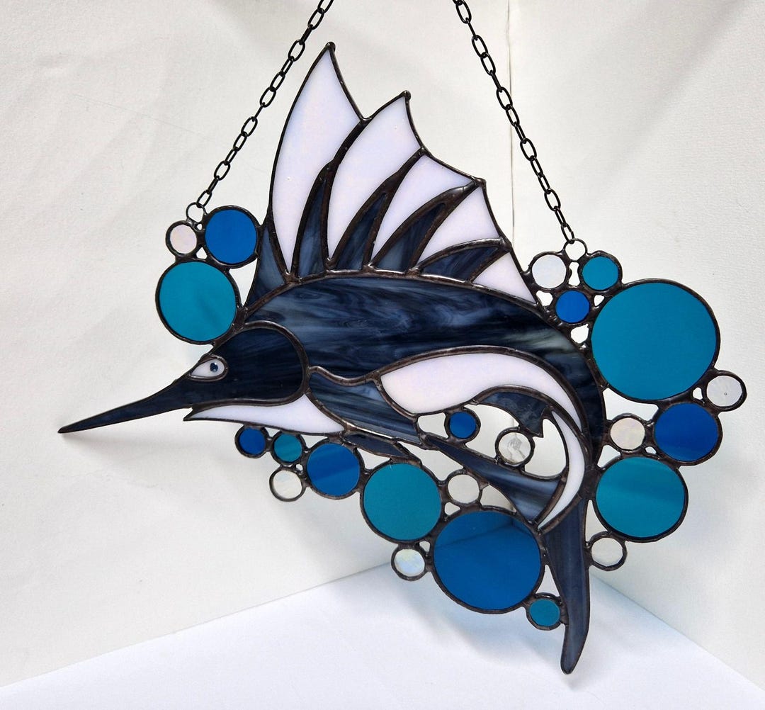 Stained Glass Marlin Sailfish Sword Fish Window Wall Hanging Panel ...