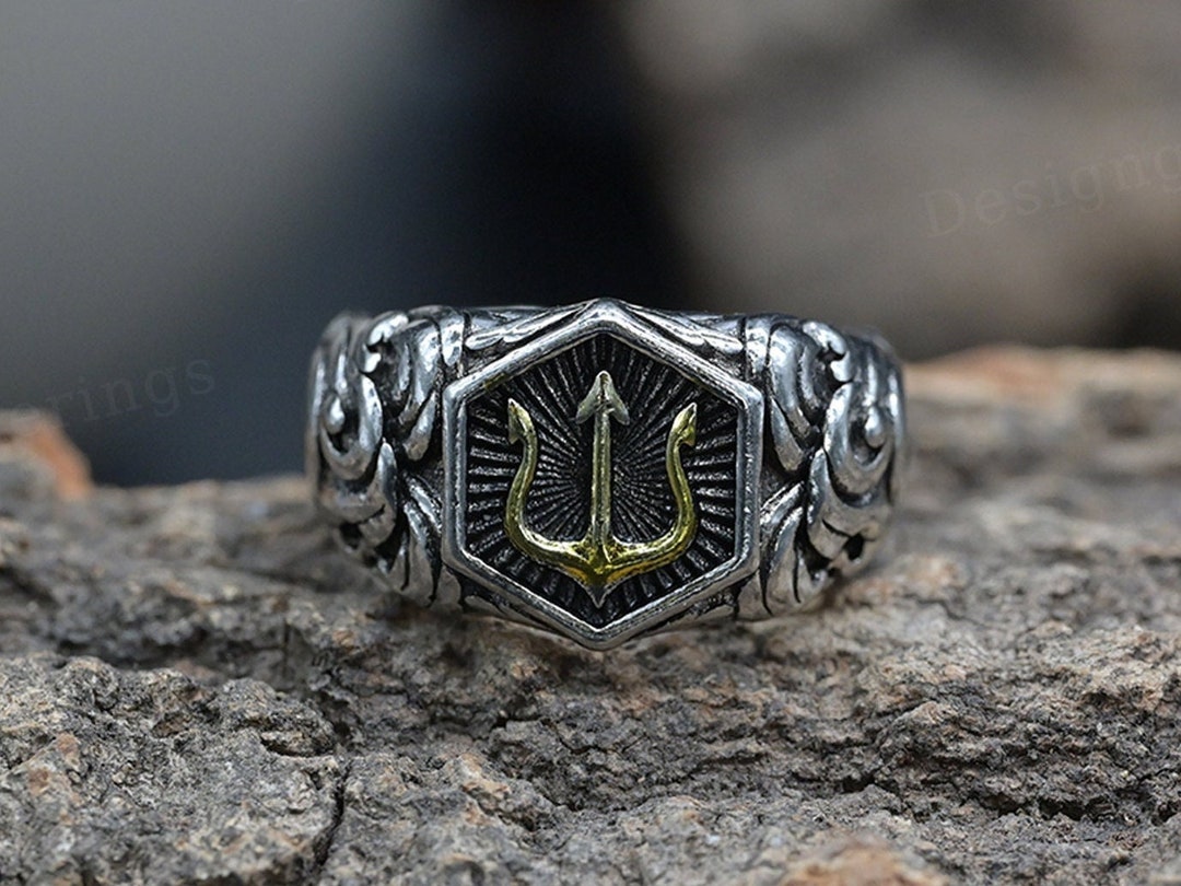 Personality Design Poseidon Trident Ring for Men's Silver Fashion Trend ...