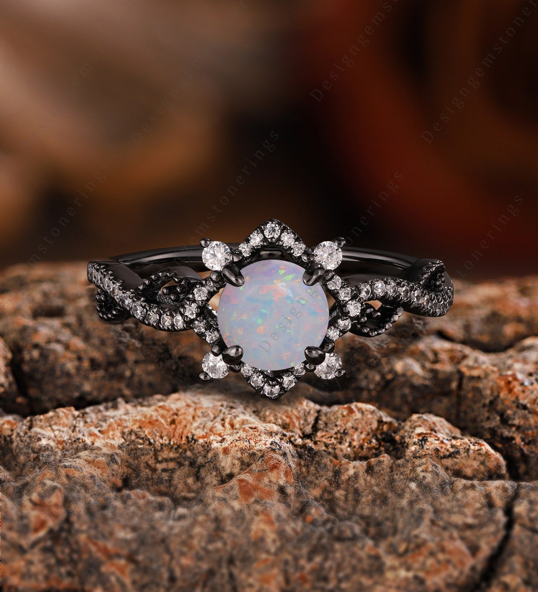 Vintage Round Black Opal Engagement Ring, Black Promise Ring, Rhodium ...