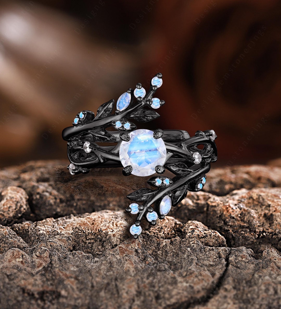 Black Gold Moonstone Engagement Ring Set, Vintage Gothic Black ...