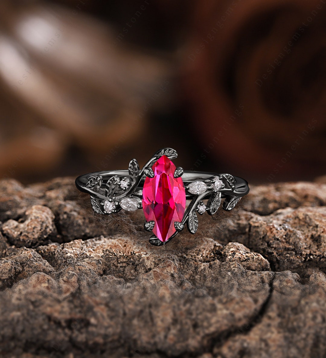 Black Gold Ruby Leaf Engagement Ring, Gothic Leaf Witchy Ring, Punk Nature Inspired Floral ...