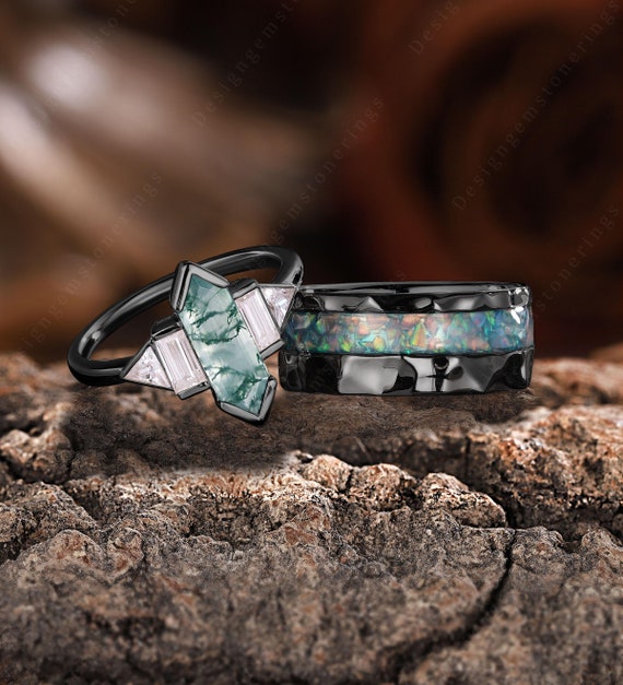 Gothic Unique Black Gold Moss Agate Couples Ring Black Gold Matching Ring Set His and Hers Wedding Band Promise Ring for Men for Women Gift Etsy
