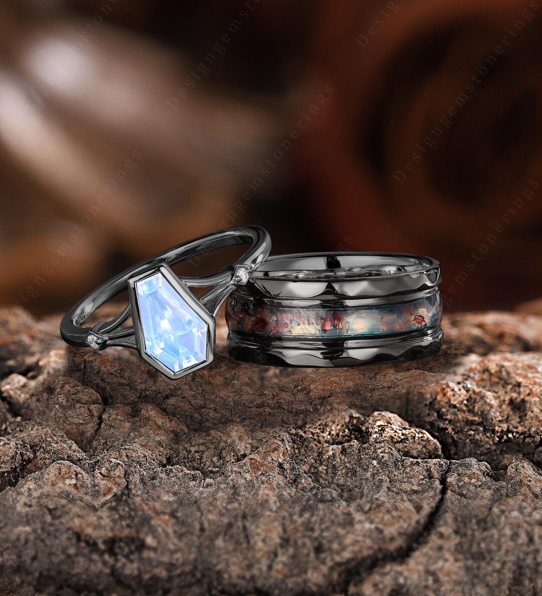 Gothic Black Gold Coffin Moonstone Engagement Ring His and Hers Wedding ...