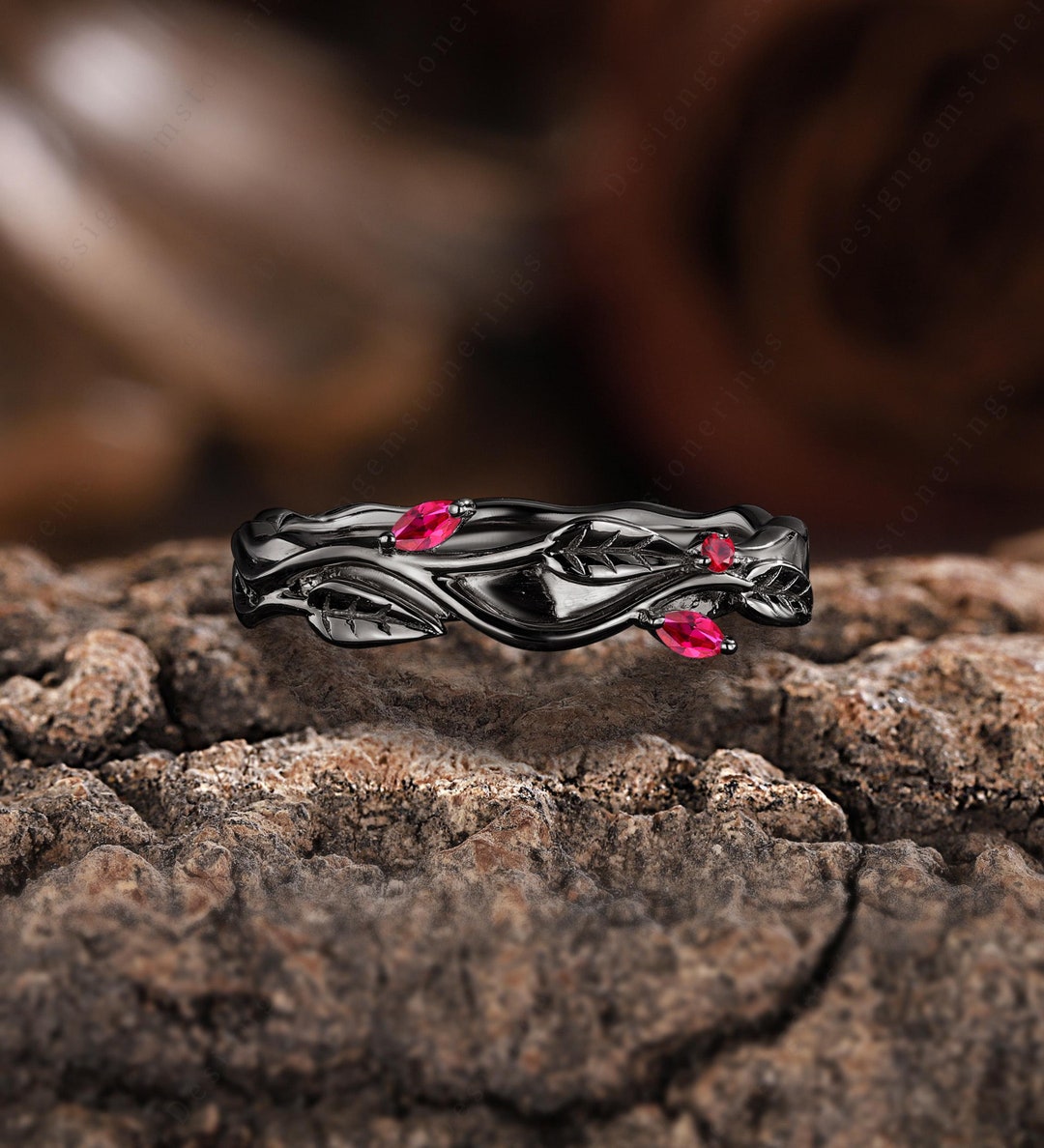 Gothic Black Gold Leaf Ruby Bridal Wedding Ring, Vintage Rhodium Black ...