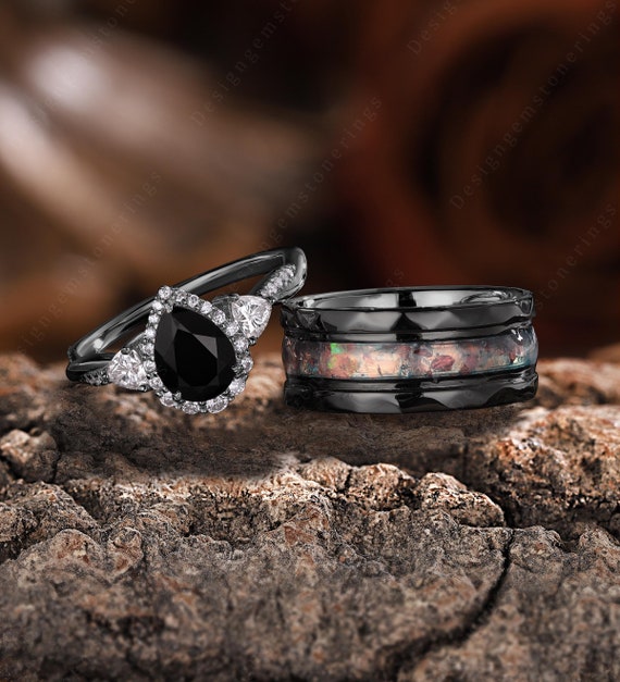 Gothic Black Gold Pear Black Onyx Couples Ring Black Gold Matching Ring Set His and Hers Wedding Band Promise Ring for Men for Women Gift Etsy