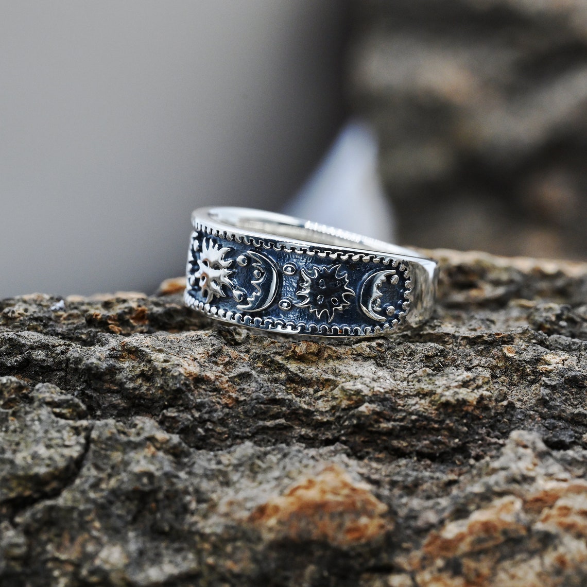 925 Silver Vintage Sun Moon Star Ring for Women Men Stress | Etsy