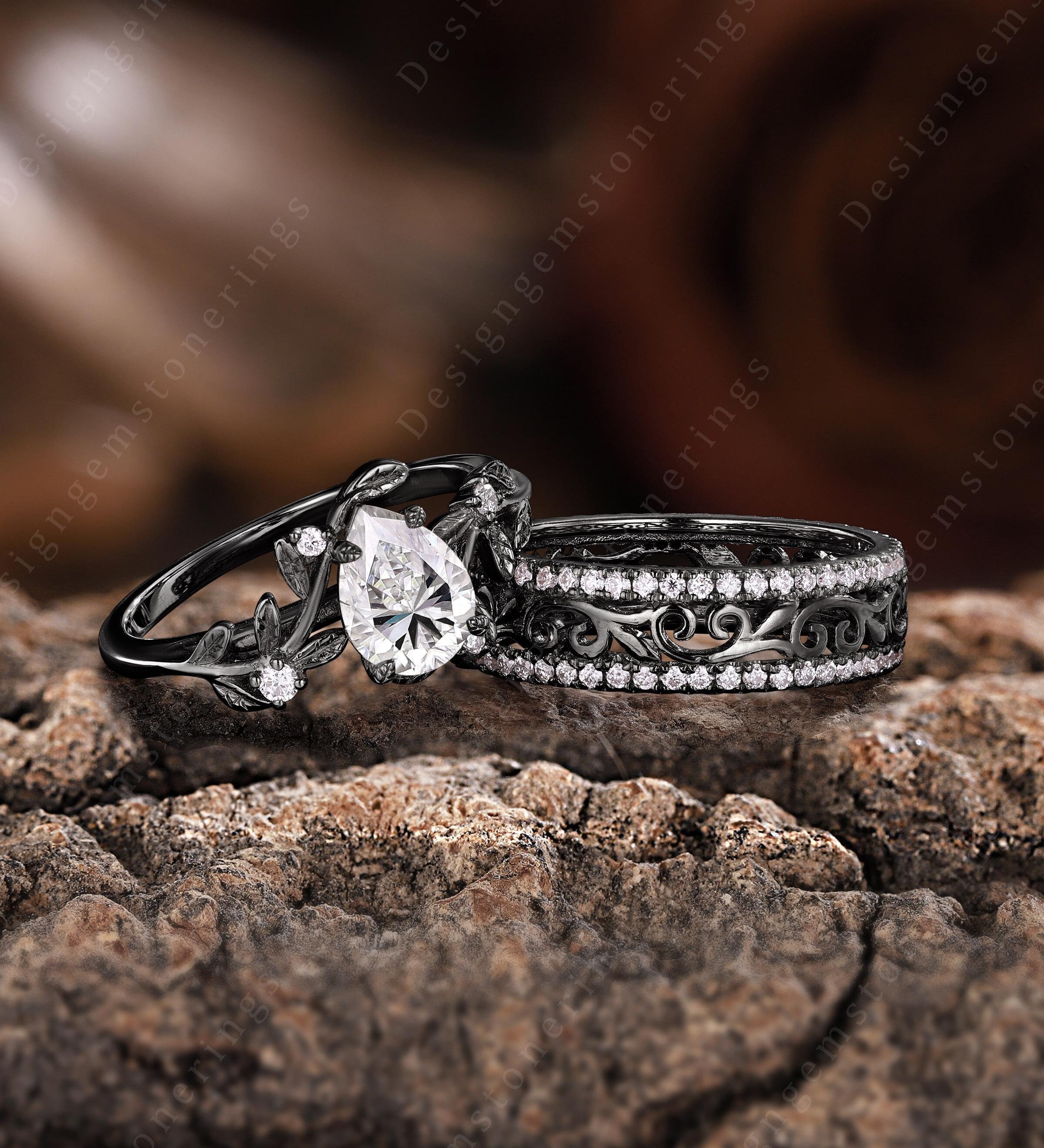 Black Gold Moissanite Ring Set for Couples His and Hers Wedding Band Black Gold Rings Gothic Biker Mens Black Gold Band Anniversary Gifts Etsy