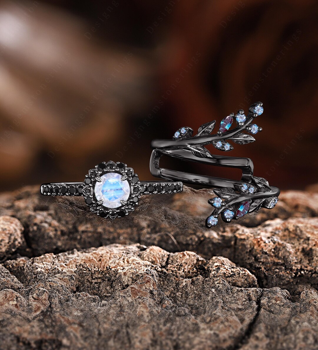 Gothic Black Gold Moonstone Halo Engagement Ring Set, Vintage ...
