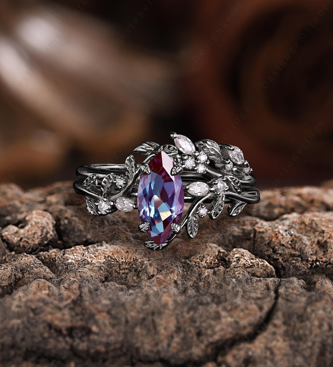 Gothic Black Gold Marquise Alexandrite Engagement Ring Set Moissanite ...