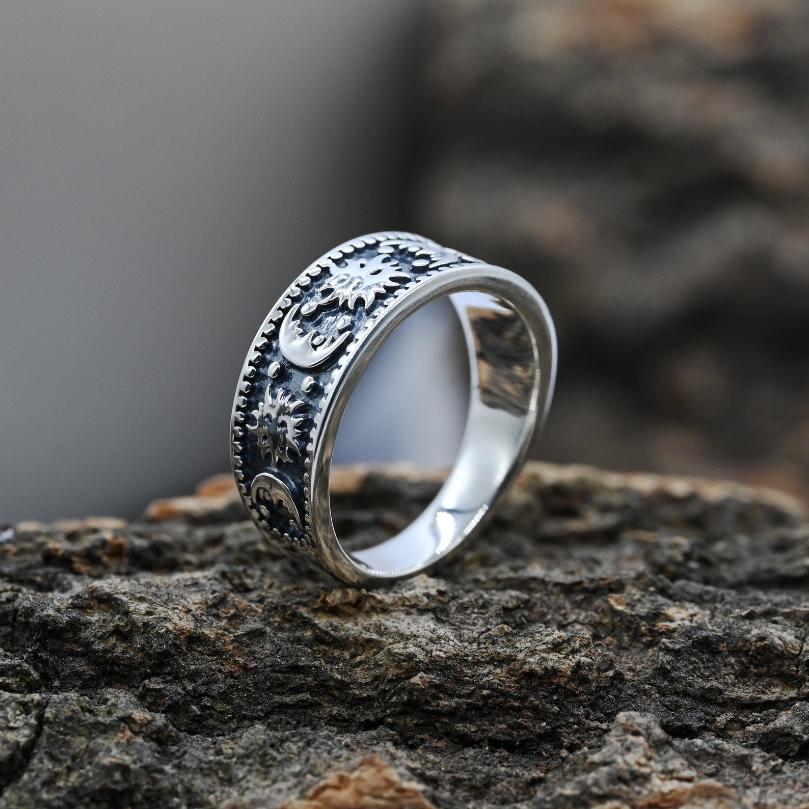 925 Silver Vintage Sun Moon Star Ring for Women Men Stress | Etsy