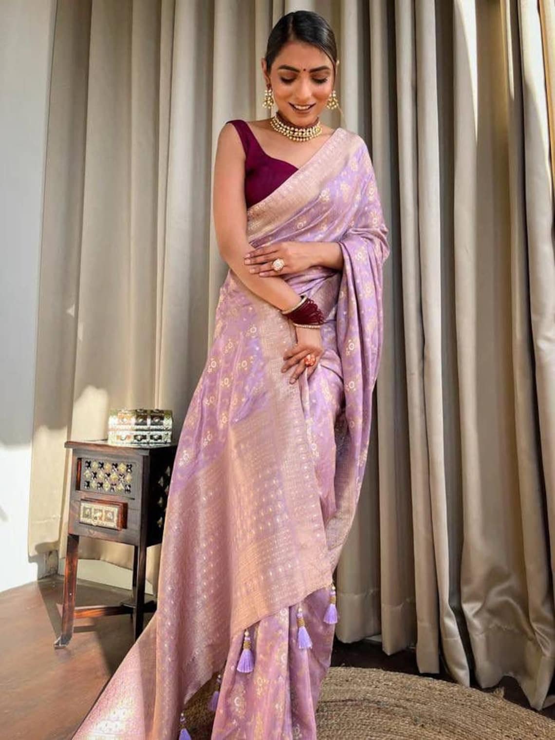 Beautiful Lavender Colour Pure Silk Fabric With Self Weaving Party Wear ...