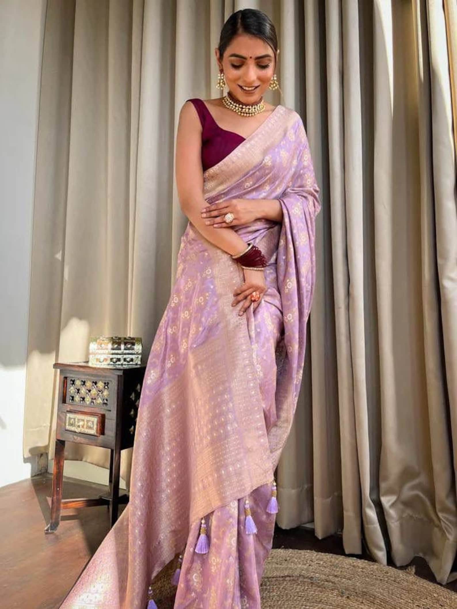 Beautiful Lavender Colour Pure Silk Fabric With Self Weaving Party Wear ...