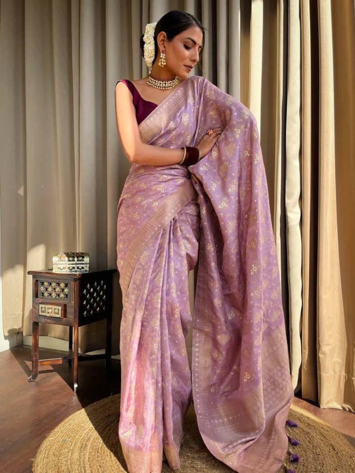 Beautiful Lavender Colour Pure Silk Fabric With Self Weaving Party Wear ...