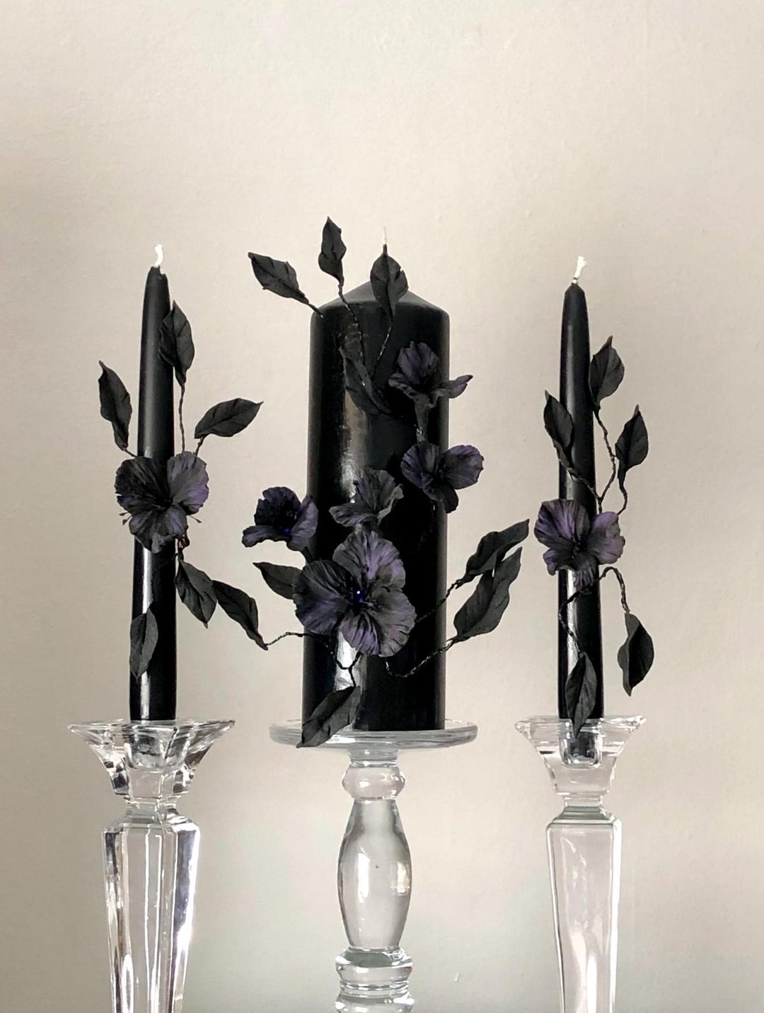 Black Purple Unity Candle Set With Flowers Gothic Candles Halloween ...