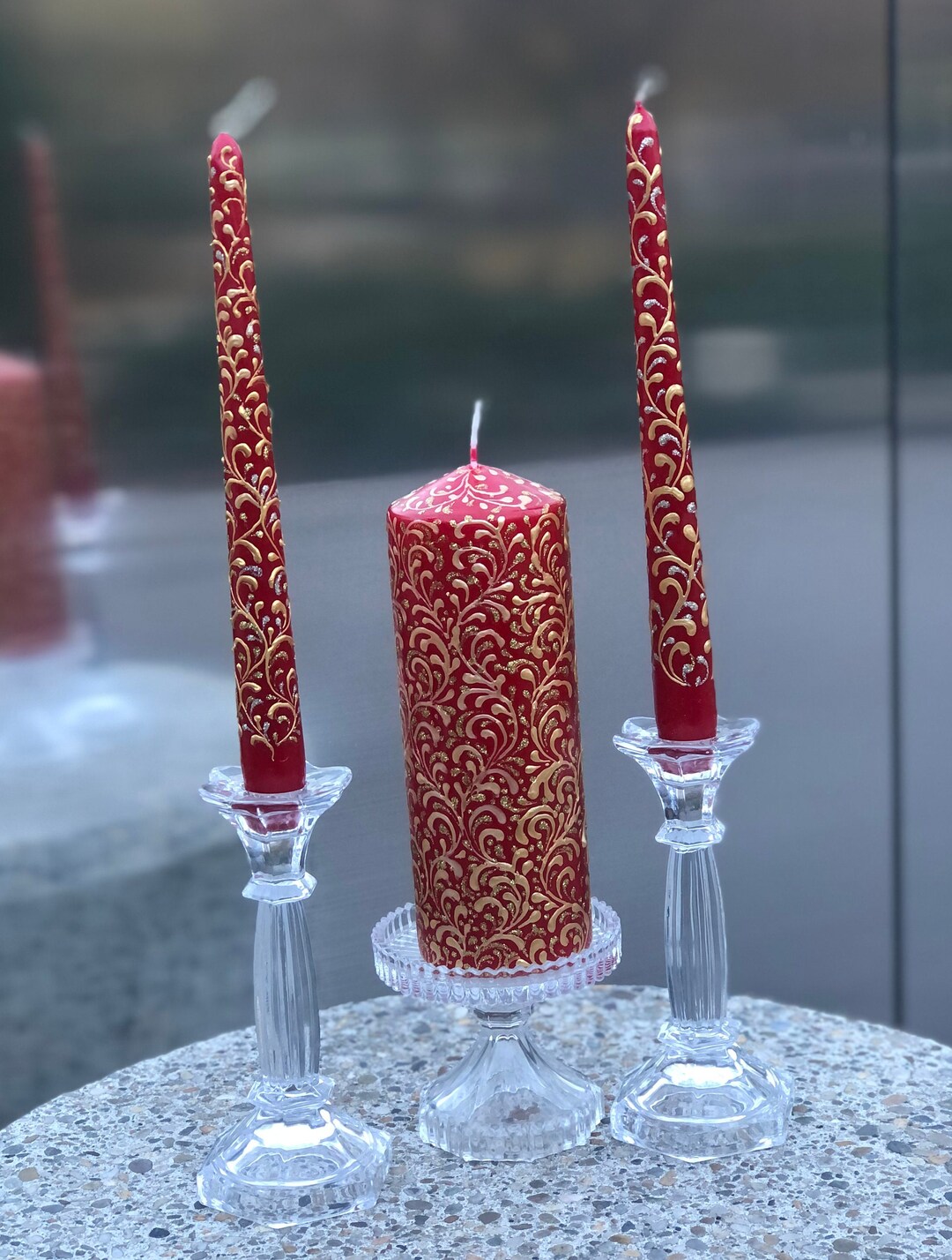 Red Wedding Candle Red Unity Candle Set Red Christmas Candle Red Gold ...