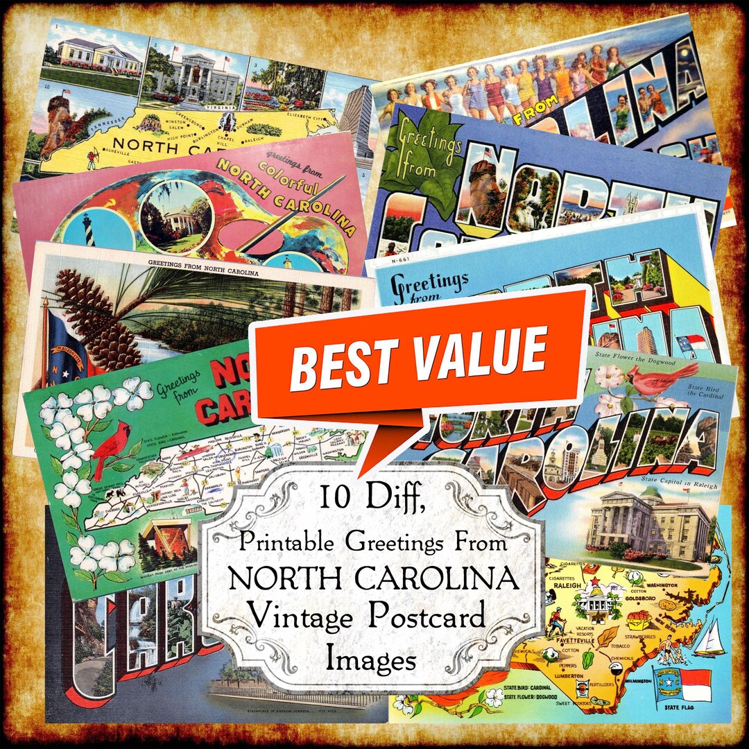 North Carolina Vintage Postcard Set – 1940s Art Deco Prints (digital ...