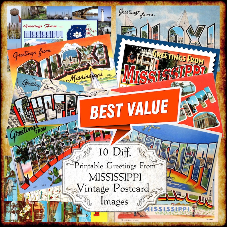 Mississippi Vintage Postcard Images – 1940s Art Deco Prints (digital ...
