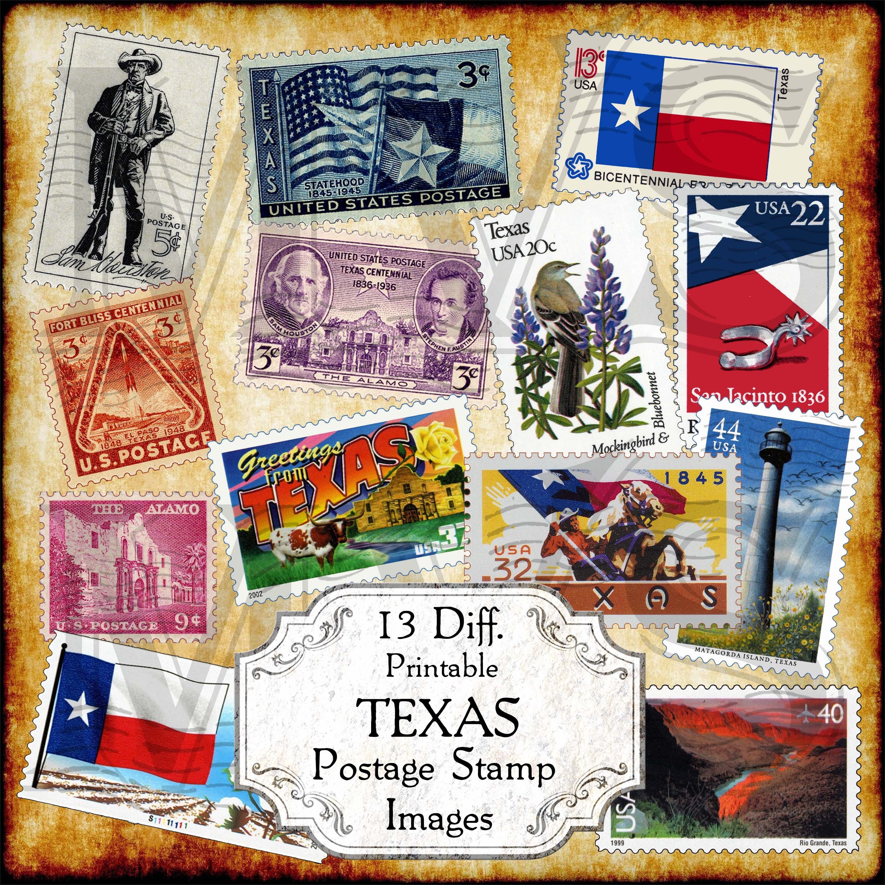 Texas TX Printable Postage Stamp Images - Instant Download Digital ...