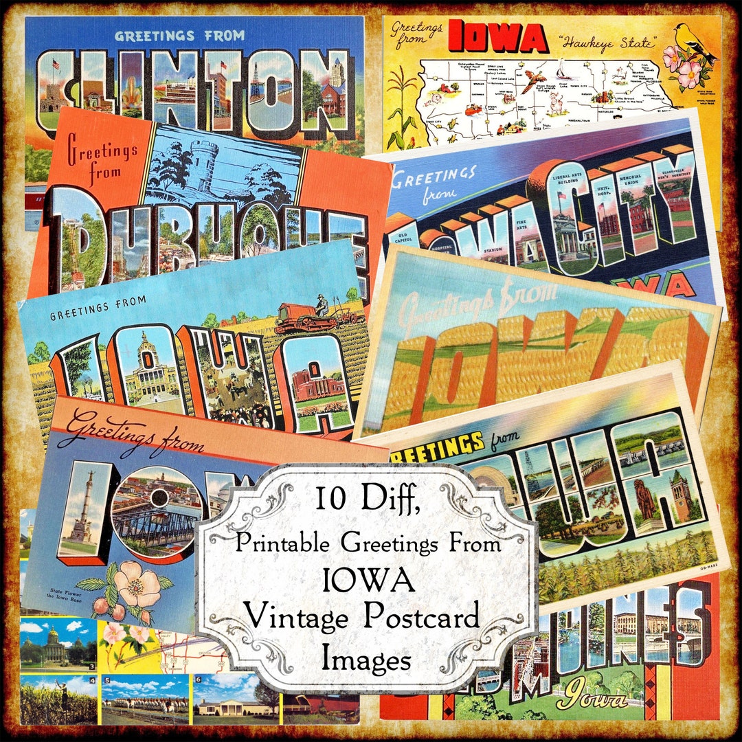 Greetings From Iowa IA Vintage Postcard JPEG Image Set Digital Download ...
