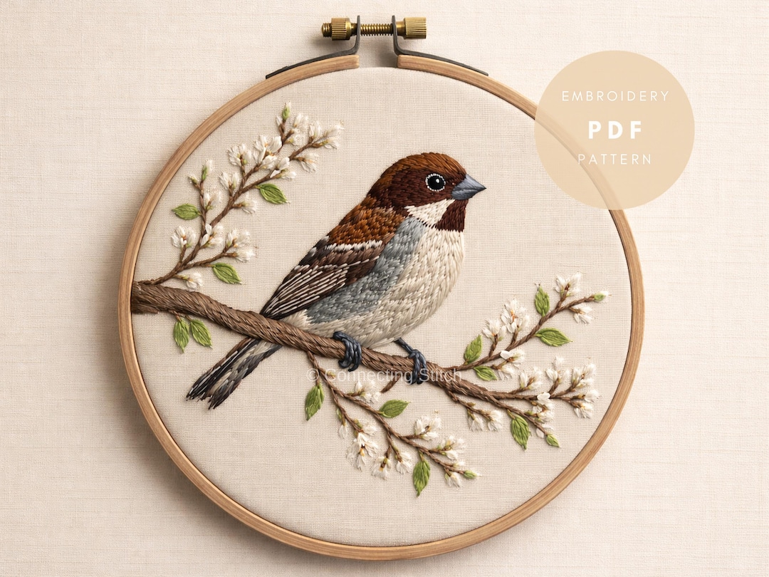 Sparrow Hand Embroidery Template | Beginner Friendly Floral Hoop Design ...