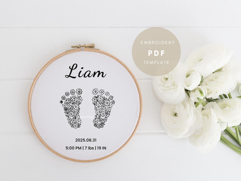 Buy Custom Baby Footprint Embroidery Pattern | Personalized Birth Stats ...