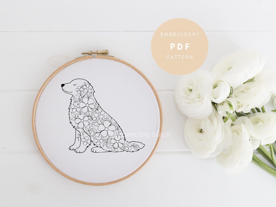 Dog Embroidery Pattern PDF | Botanical Puppy Hand Embroidery Design ...