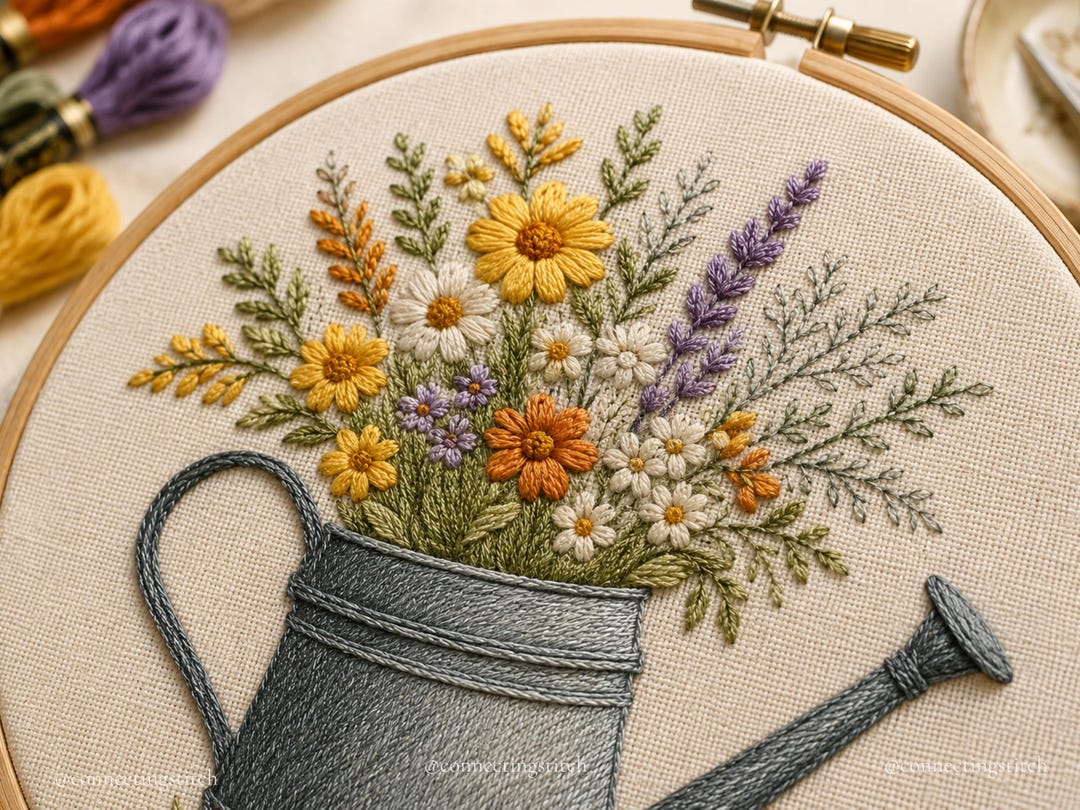 Floral Embroidery Pattern PDF, Watering Can Wildflower Embroidery ...