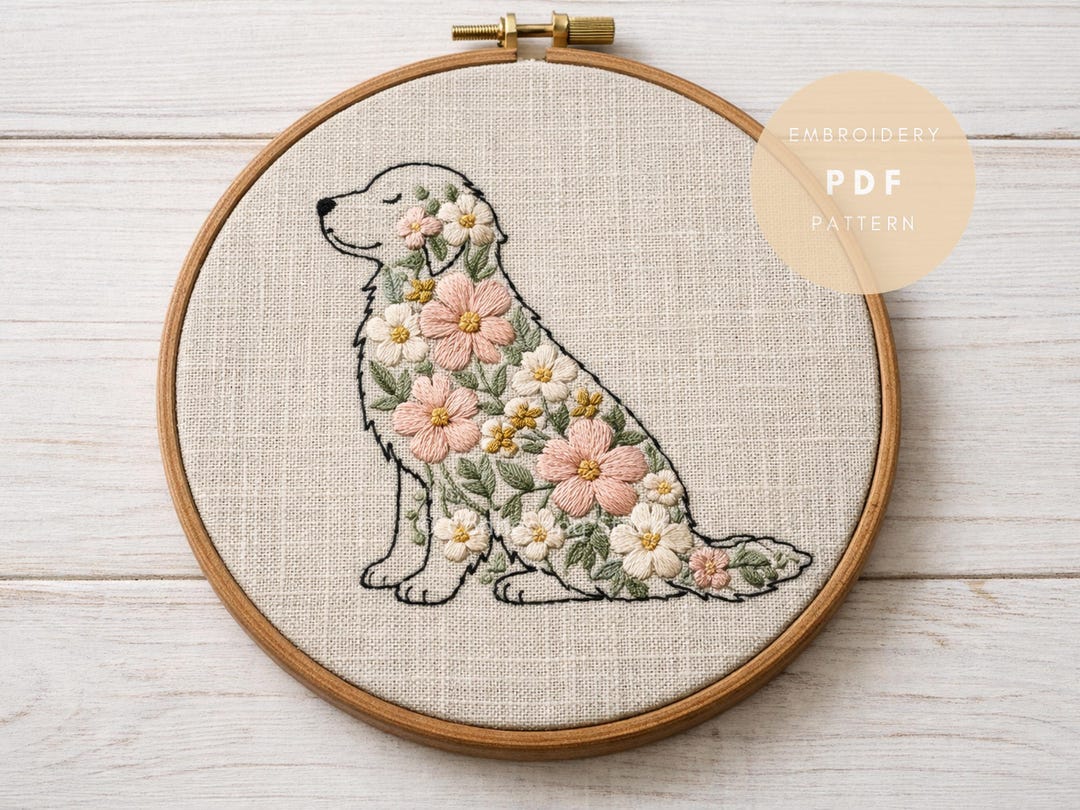 Dog Embroidery Pattern PDF | Botanical Puppy Hand Embroidery Design ...