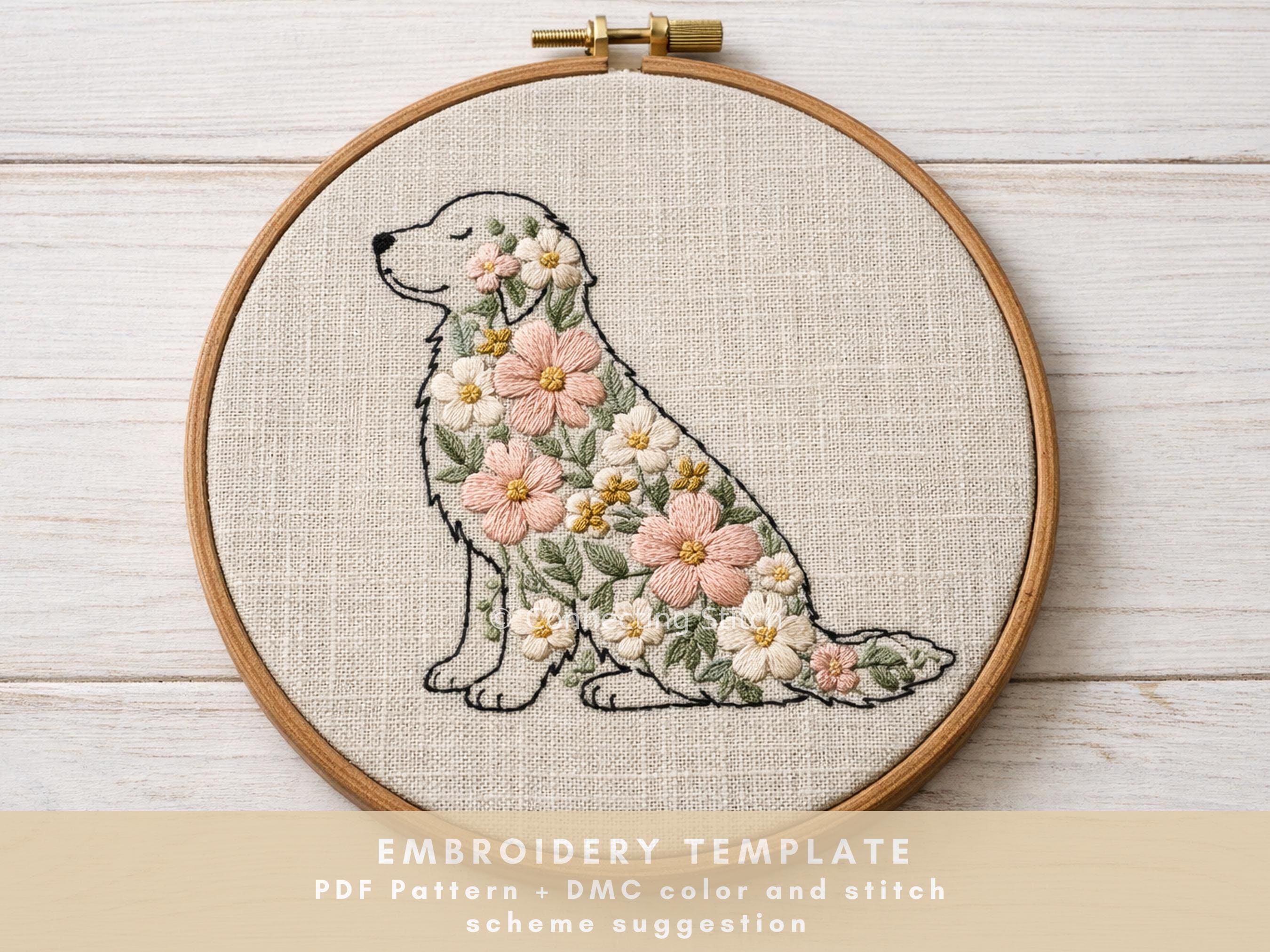 Dog Embroidery Pattern PDF | Botanical Puppy Hand Embroidery Design ...