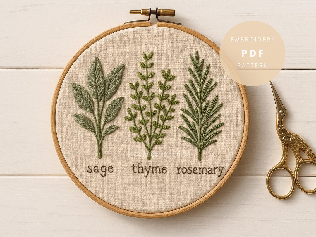 Sage, Thyme & Rosemary Hand Embroidery Pattern • Botanical PDF Template ...
