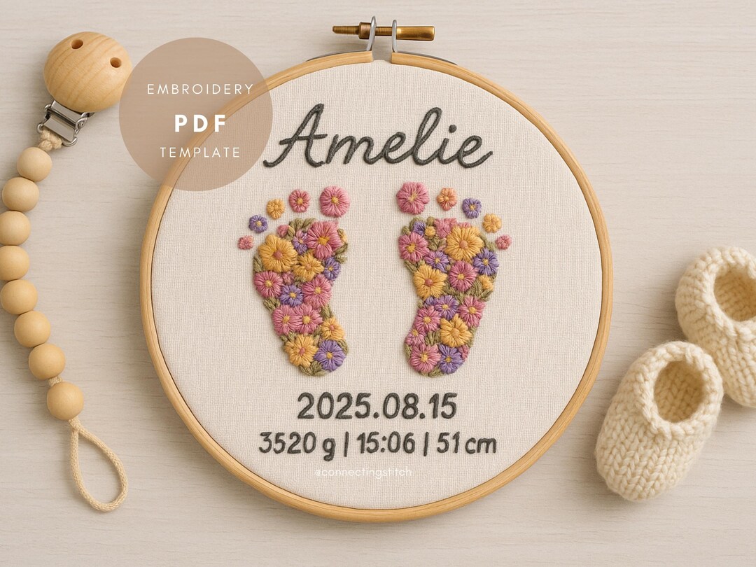 Personalized Baby Footprint Embroidery Pattern: Custom Birth Stats DIY ...