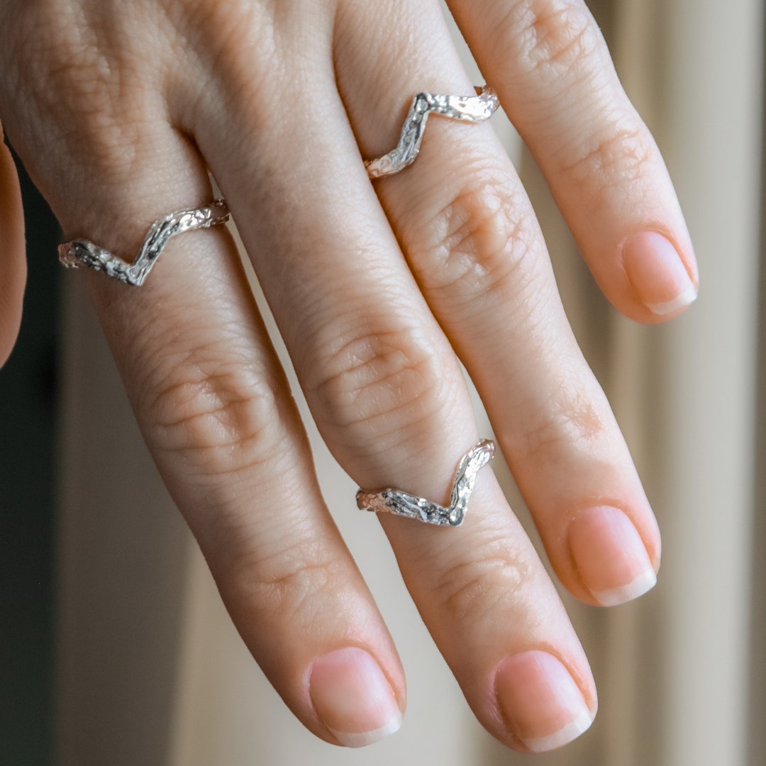 Molten Chevron Ring in Sterling Silver, Thin Organic V Shaped Knuckle ...