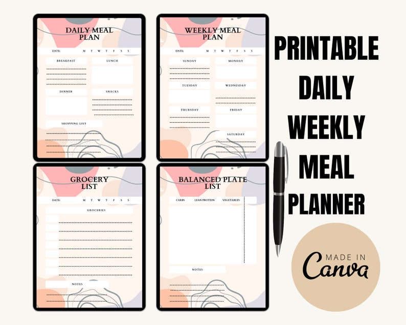 Editable Meal Planner, Printable Daily, Weekly Planner, Balanced Plate ...