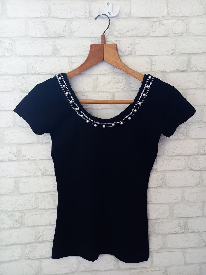 Womens T-shirt With Pearl Jewel Neckline, Double Necklace, Pearls ...