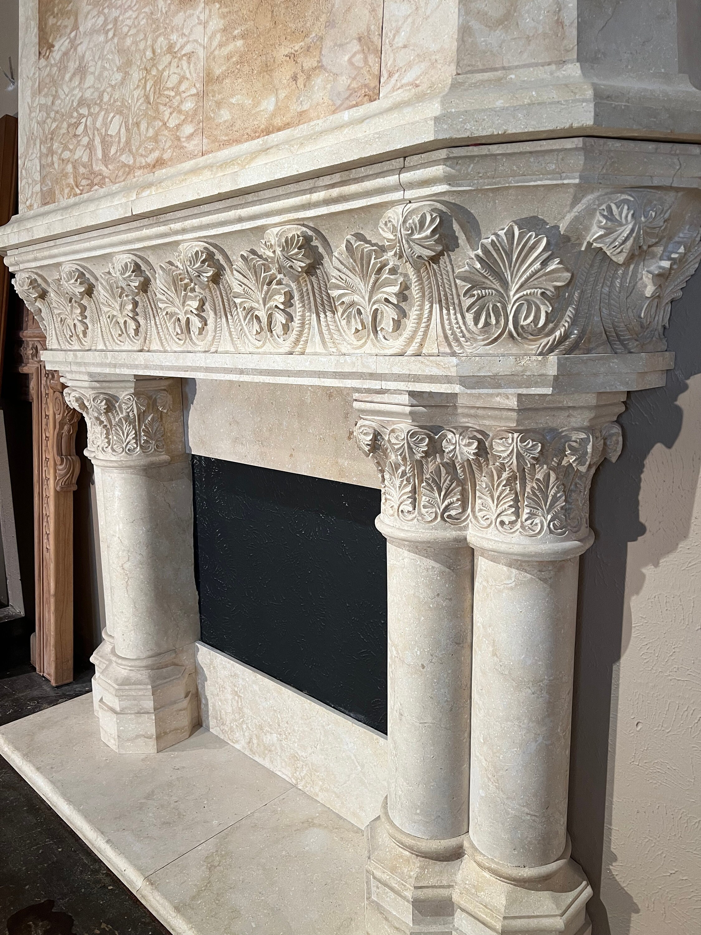 Hand Carved Natural Limestone Fireplace Mantel W/ Overmantel and ...