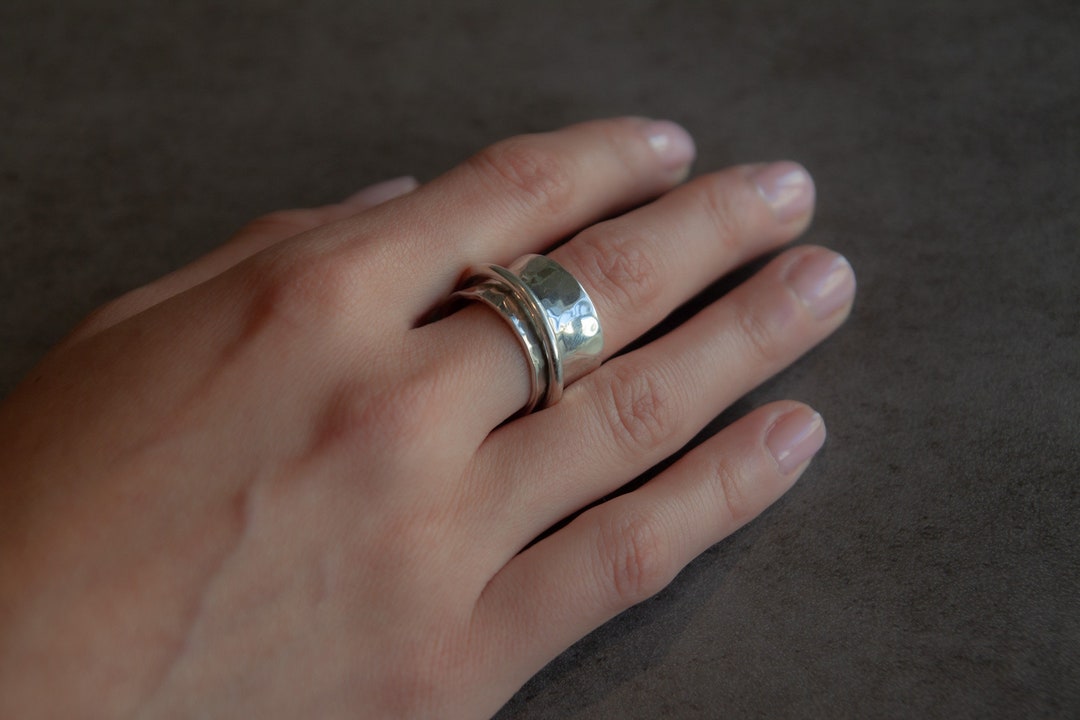 Hammered Spinner Ring 925 Sterling Silver, Armor Wide Band, Dimpled ...