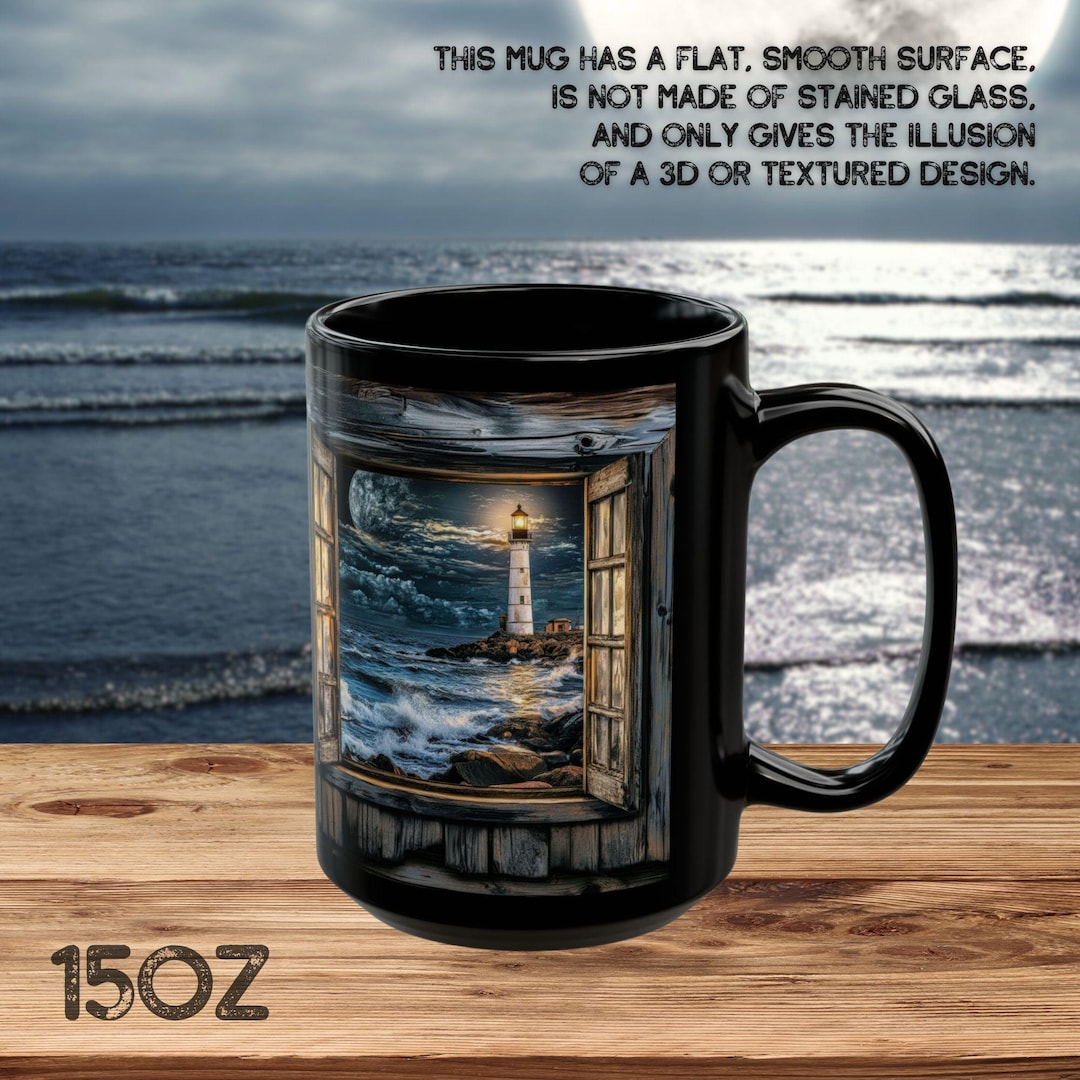 Vintage Lighthouse at Moonlight Coffee Mug, Window Night Ocean Shore ...