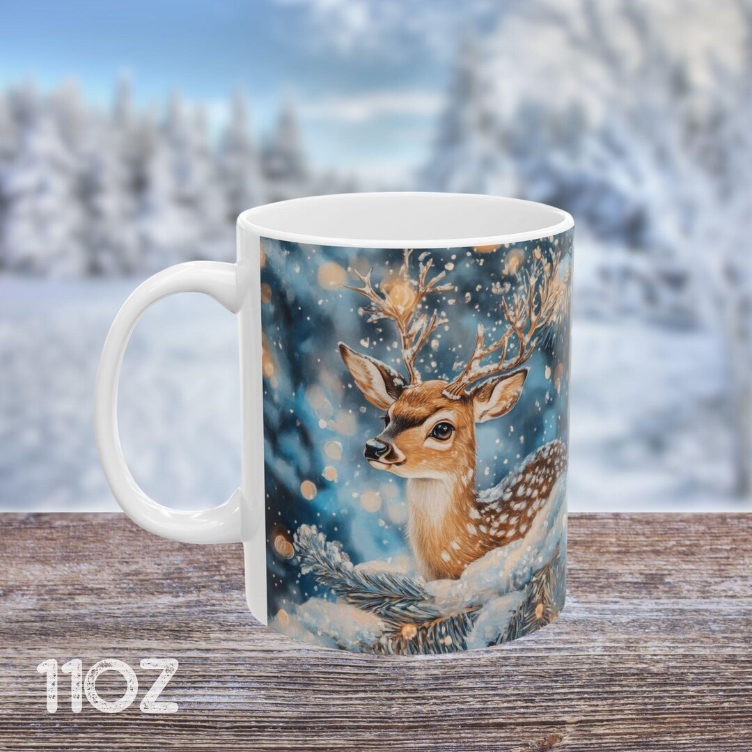 11, 15 Oz, Young Buck Mug, Snowy Forest Mug, Winter Wildlife, Deer ...