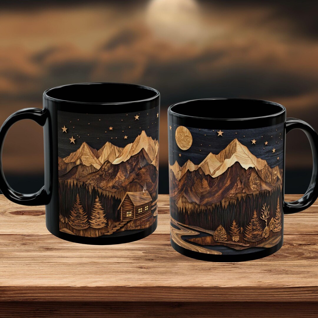 Forest Cabin Coffee Mug Carved Wood Effect, Mountain Cabin Mug, Deer ...