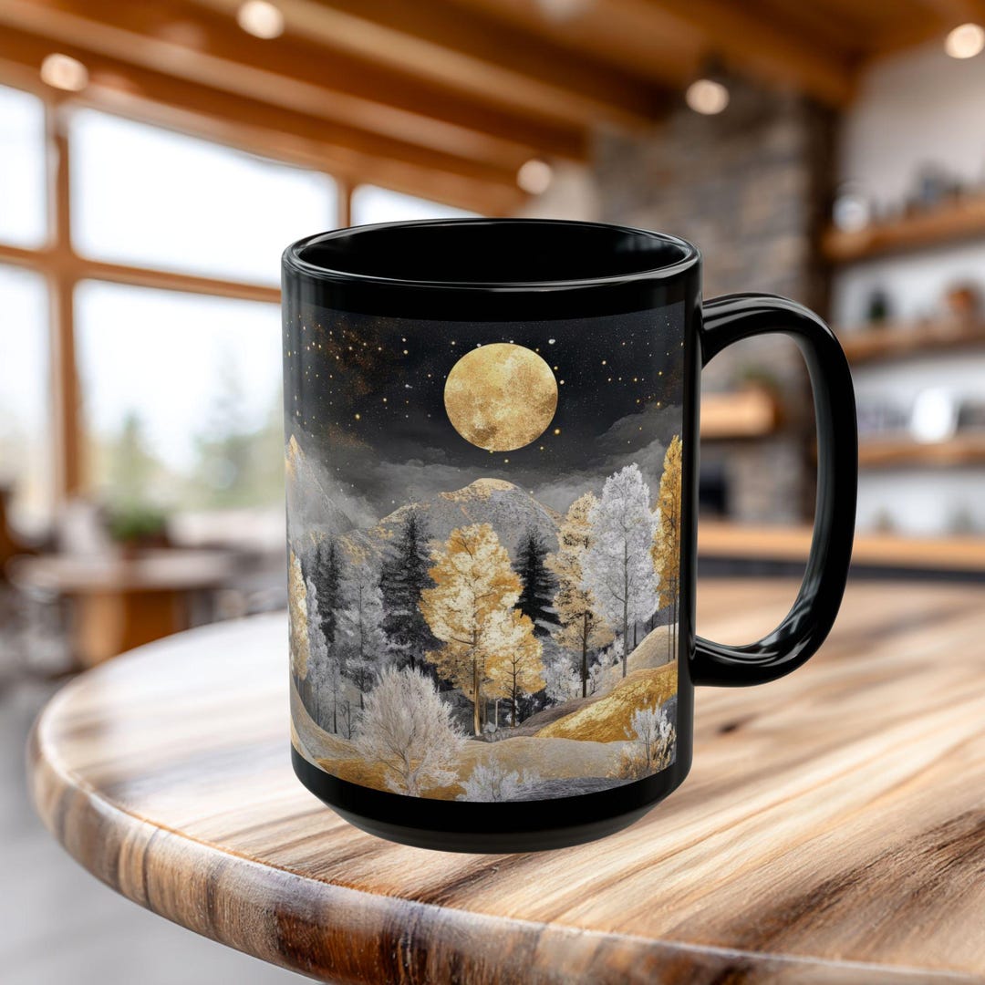 Winter Forest Coffee Mug, Snowy Mountain Full Moon, Nature Gift, Starry ...