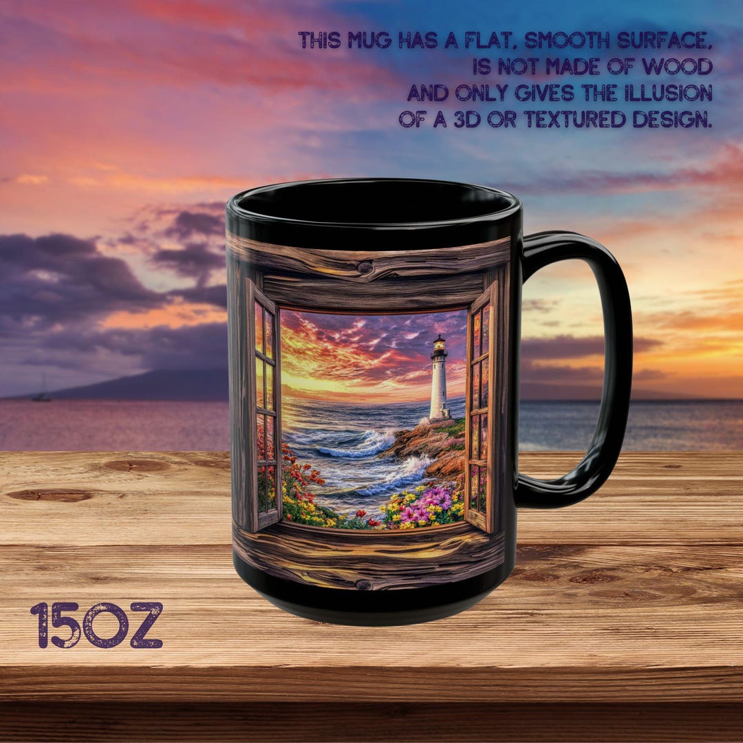 Lighthouse at Sunset Coffee Mug, Window Ocean Shore Scene, Coastal Tea ...