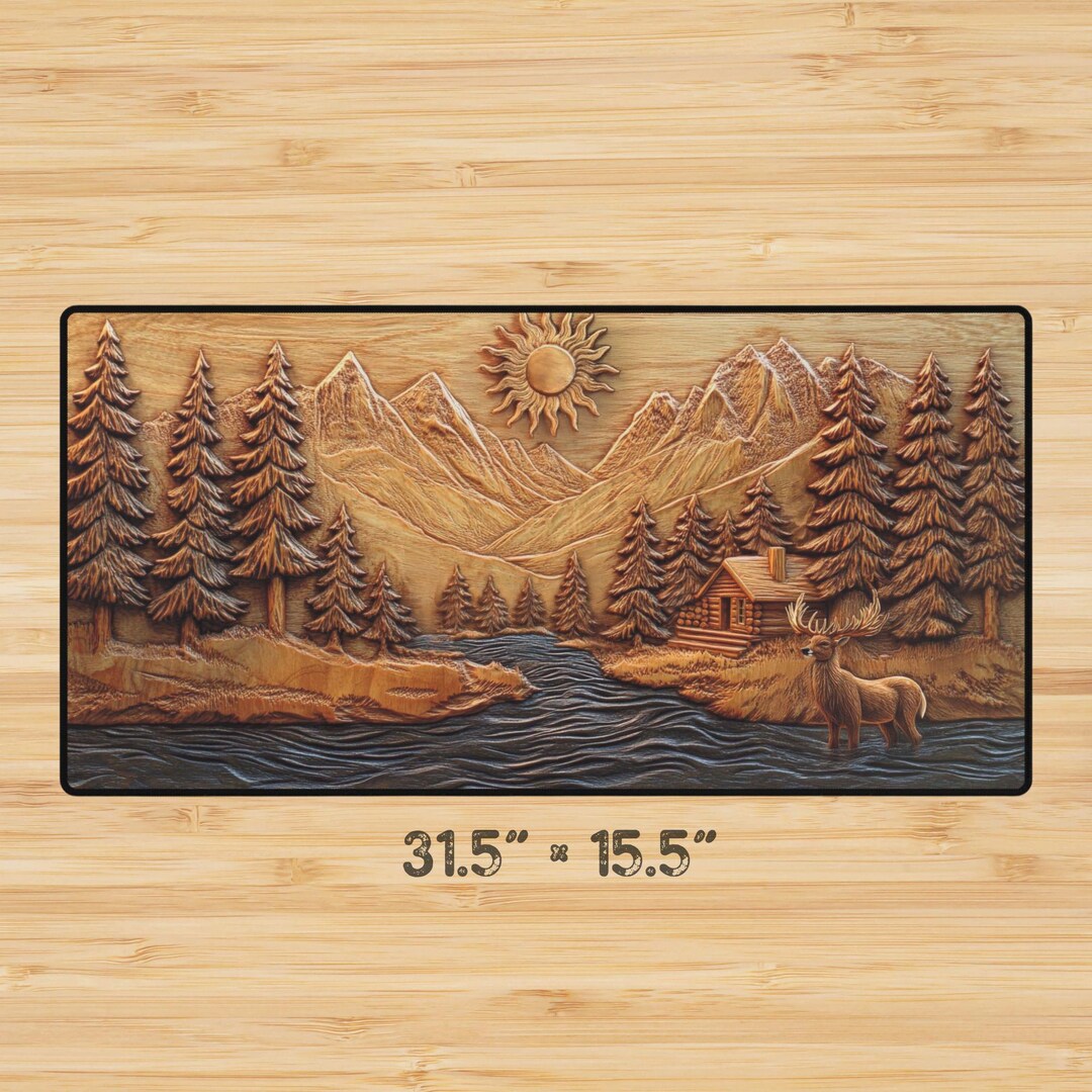 Deer Carved Wood Effect, Mountain Cabin Mouse Pad, Woodland Decor ...