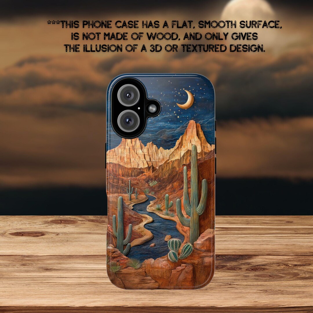 Western Desert Night Phone Case: Woodcut Style Mountain Landscape, Wild ...